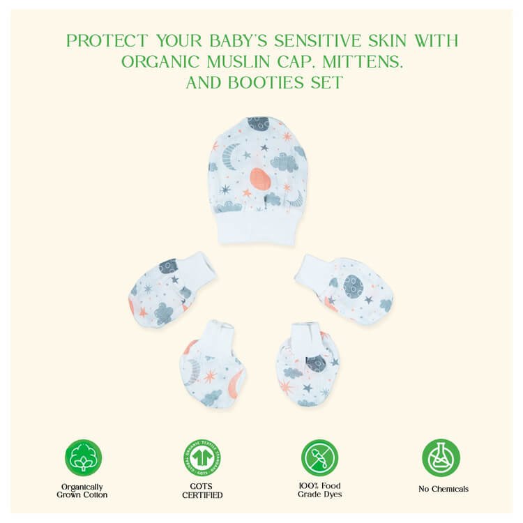 Buy skin-safe, toxin-free Baby Muslin Cap, Mittens and Booties